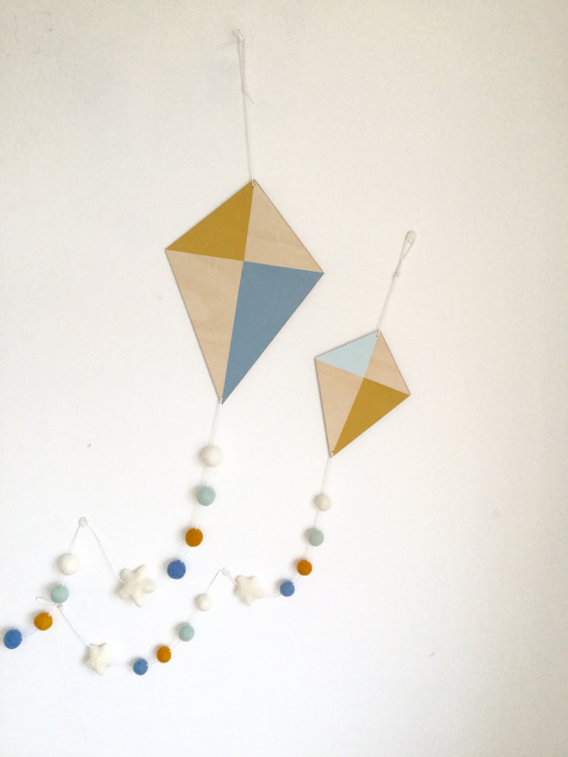 Nursery Kite Wall Hanging: Mustard, Mint & Blue Kites With Wool Felt ...