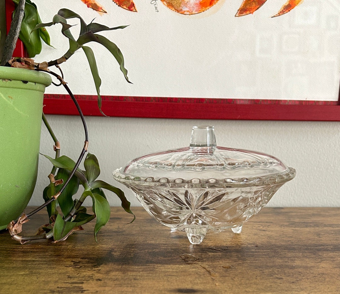 Vintage Clear Cut Glass Lidded Candy Dish, Oyster Pearl Pattern Candy ...