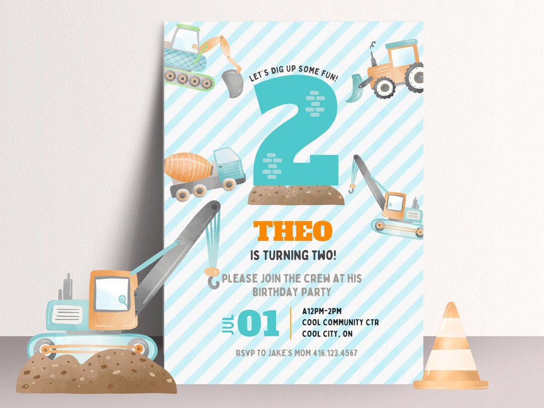 2nd Birthday Construction Invitation Modern Teal Blue and Orange ...