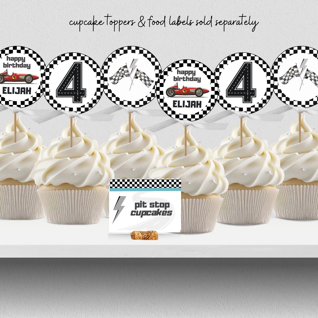 Racing Party Birthday Cupcake Toppers Red Vintage Watercolor Car ...