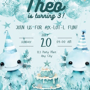 Axolotl Birthday Party Invitation Blue Axolotl Happy Birthday Printable ...