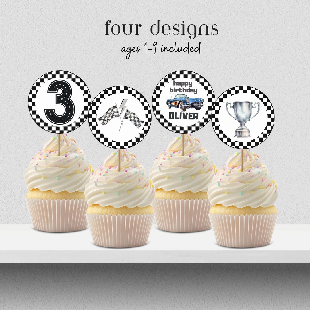 Racing Party Birthday Cupcake Toppers | Blue Vintage Watercolor Car ...