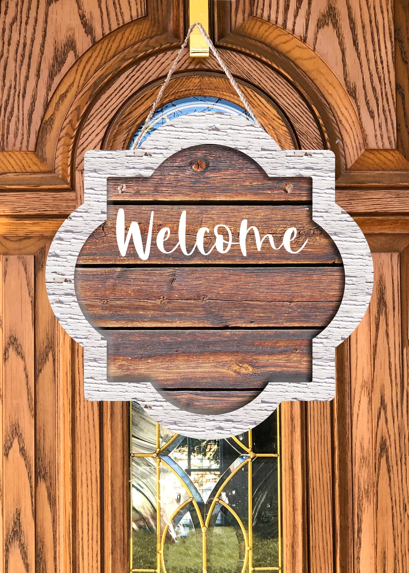 White Welcome Frame With Barnwood Quatrefoil Door Hanger | Etsy