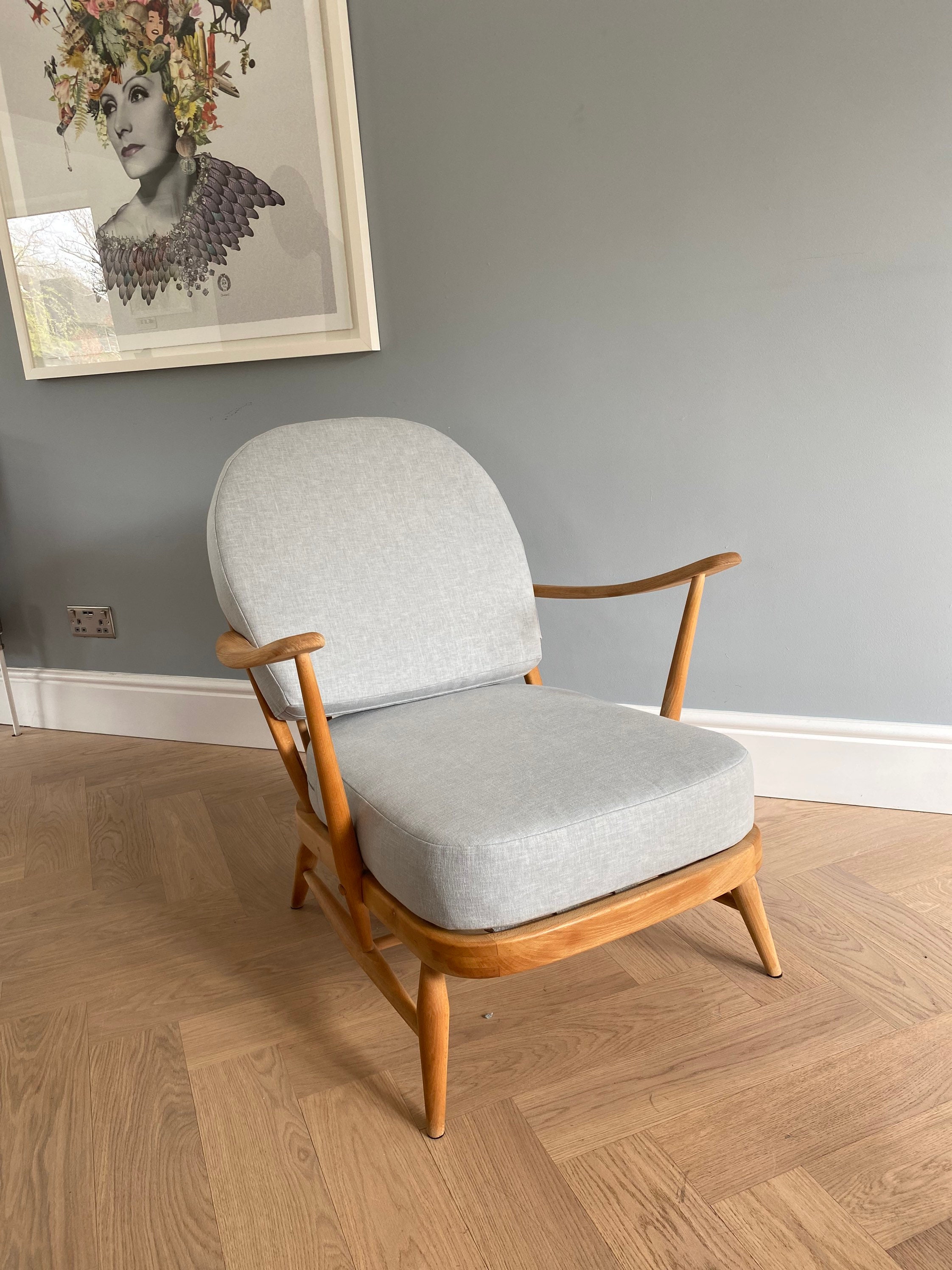 Ercol Blonde 203 Armchair With Pale Grey Fabric Covers , Ercol 203 ...