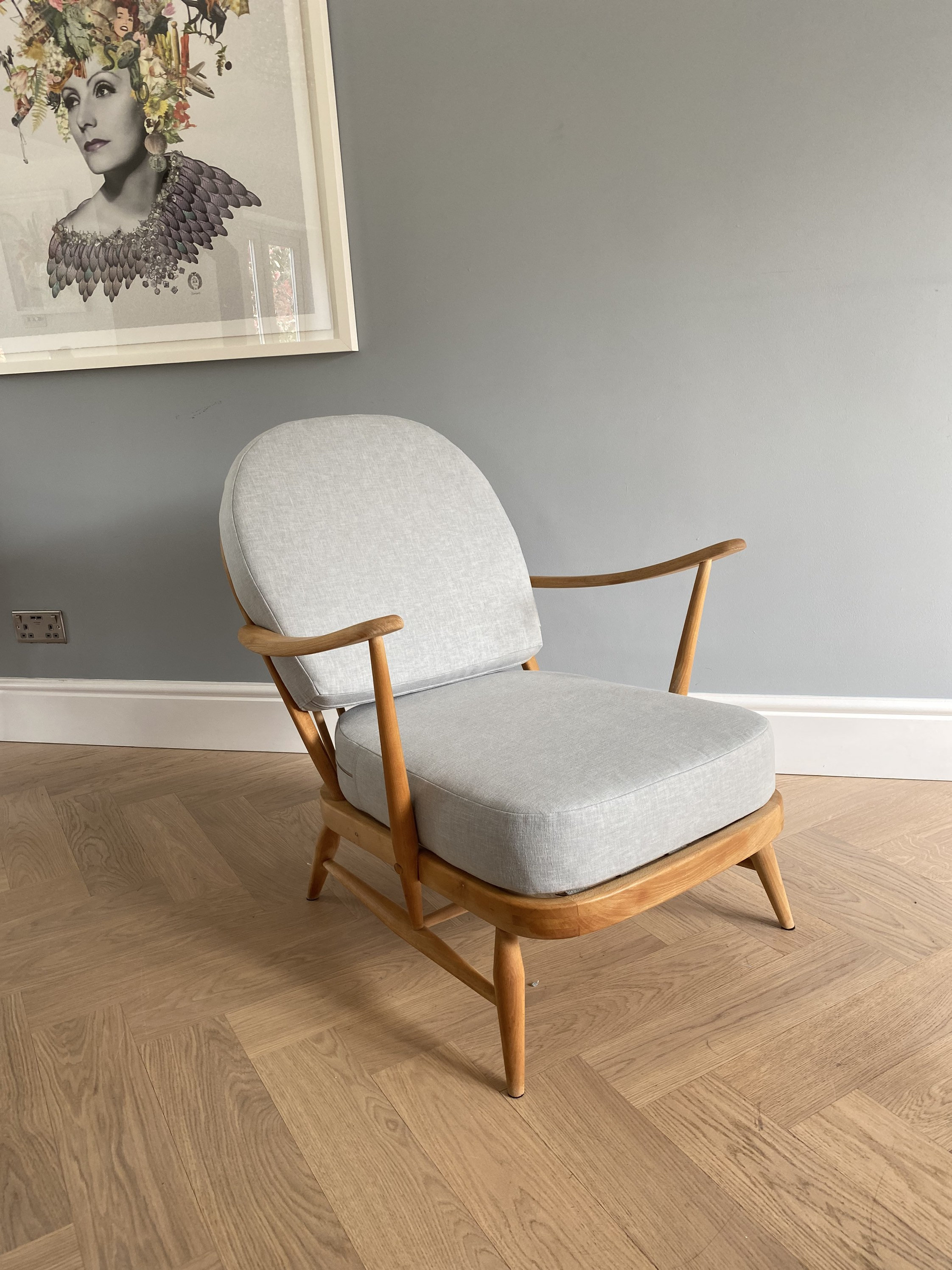 Ercol Blonde 203 Armchair With Pale Grey Fabric Covers , Ercol 203 ...