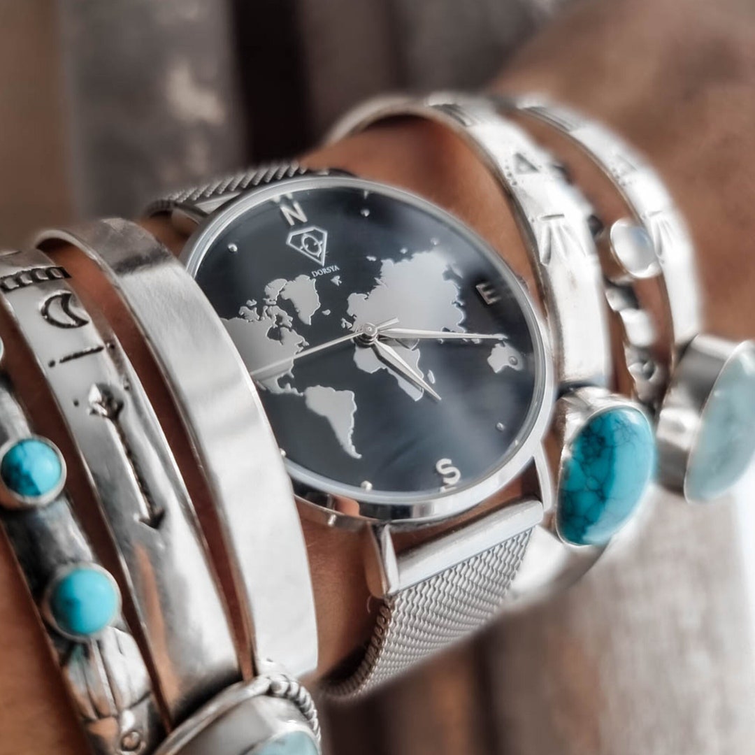 World Map Watch Wanderlust Watch Silver Watch World Map - Etsy