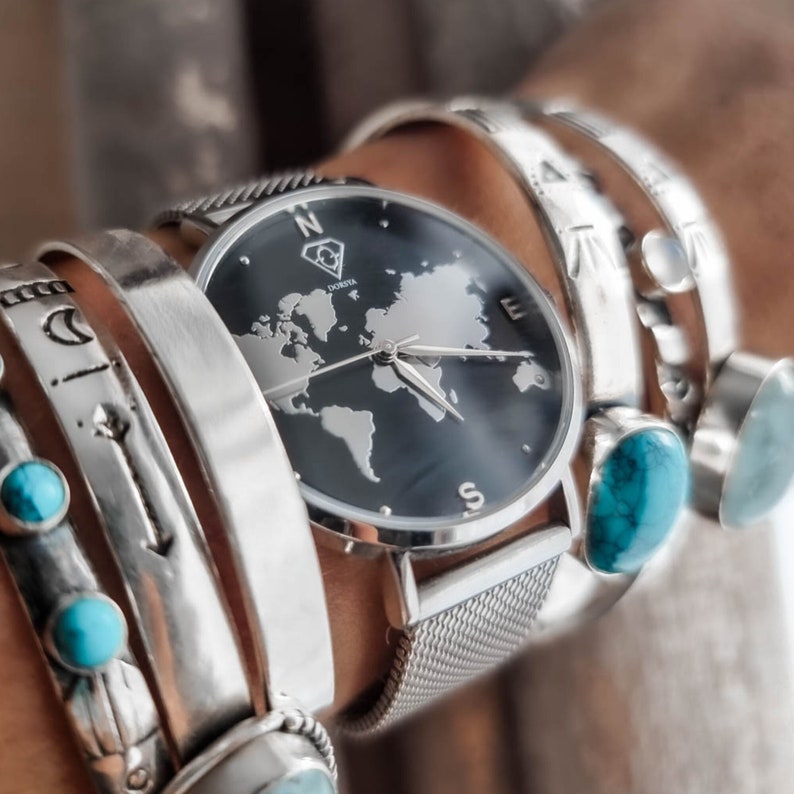 World Map Watch, Wanderlust Watch, Silver Watch, Wanderlust Accessory ...