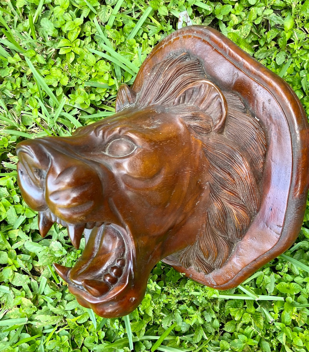 Large Carved Lion Head of Solid Wood - Etsy