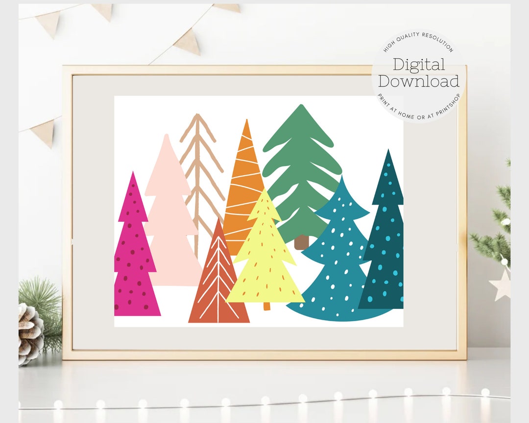 Colorful Christmas Trees Art Print - Boho Holiday Decor (digital ...