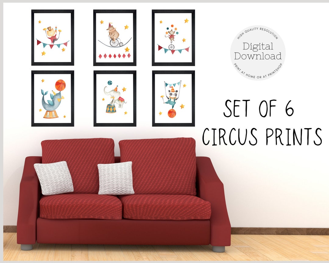 Set of 6 Circus Theme Prints - Kids Room Art - Circus Animals Prints ...