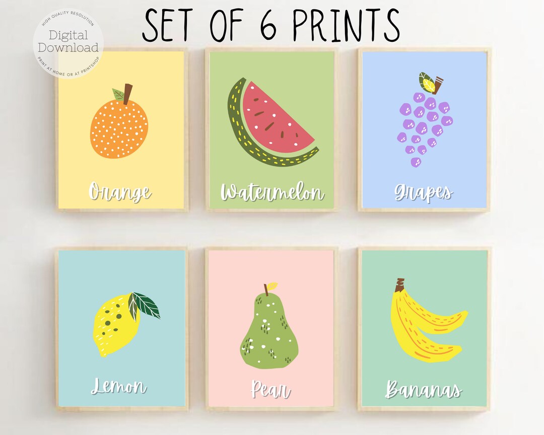Fruit Prints Set of 6 Prints, Grapes, Orange, Pear, Watermelon, Bananas ...