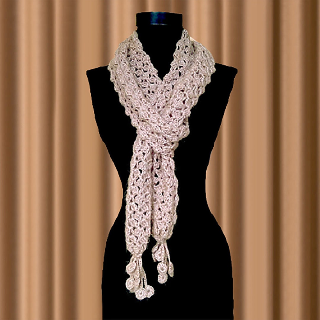 Long Scarf in Beige With Fringe, Handmade Mohair Scarf, Crochet Neck ...