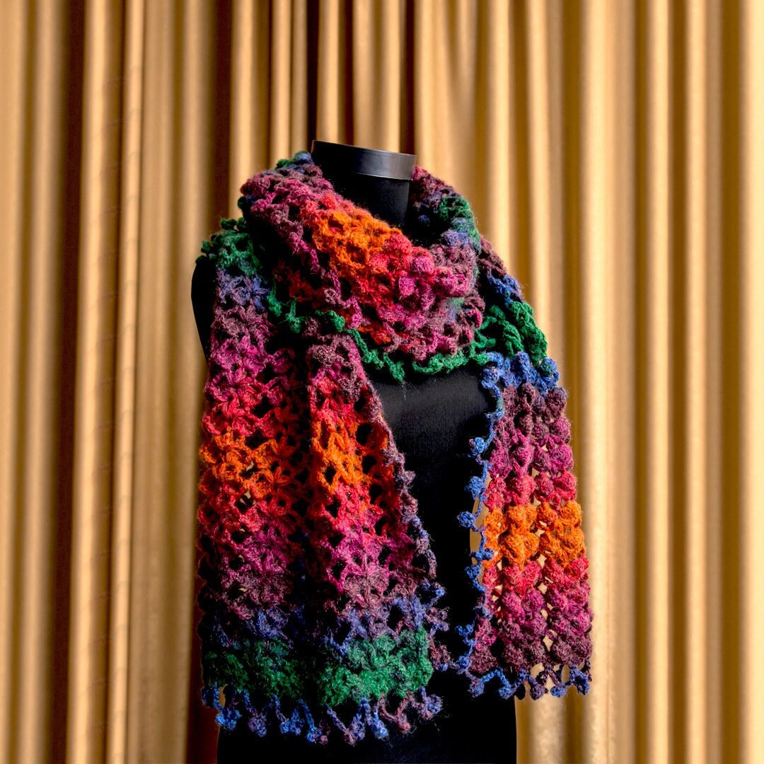 Crochet Long Scarf, Rectangle Shawl, Wool Wrap, Multicolored Evening ...