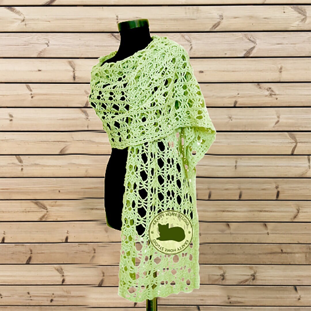 Handmade Green Shawl, 78 Inches Rectangle Lace Scarf, Summer Evening ...
