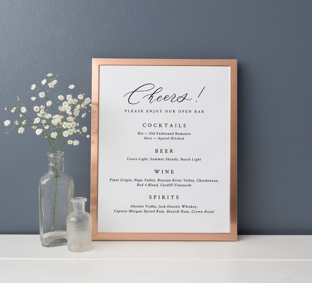 Printable Titlecase Calligraphy Cheers Menu, Minimal Bar Sign ...