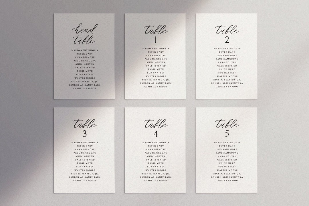 Calligraphy Seating Chart Card Template: Editable Table Assignment ...