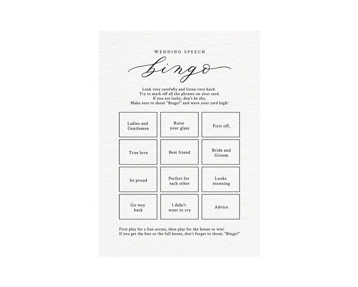 Calligraphy Wedding Speech Bingo Game: DIY Printable (5x7) - Etsy
