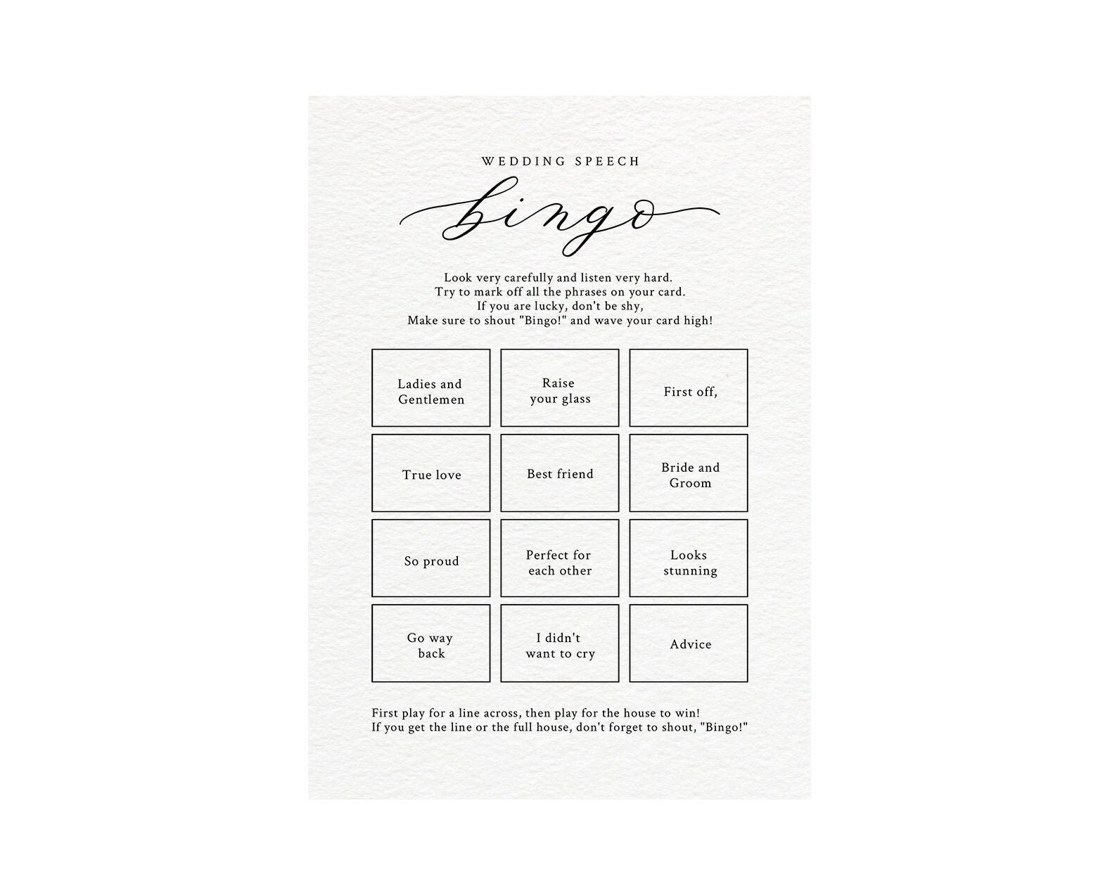 Wedding Speech Bingo Game Calligraphy Wedding Bingo - Etsy