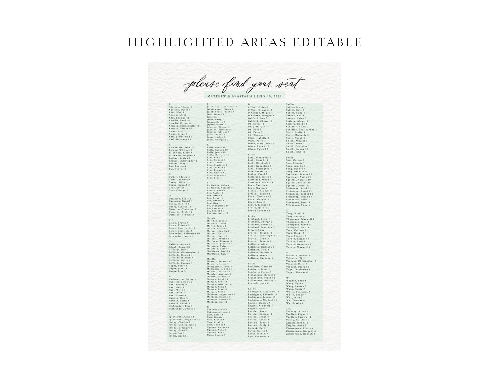 Alphabetical Calligraphy Seating Chart Template: up to 400 Guests ...