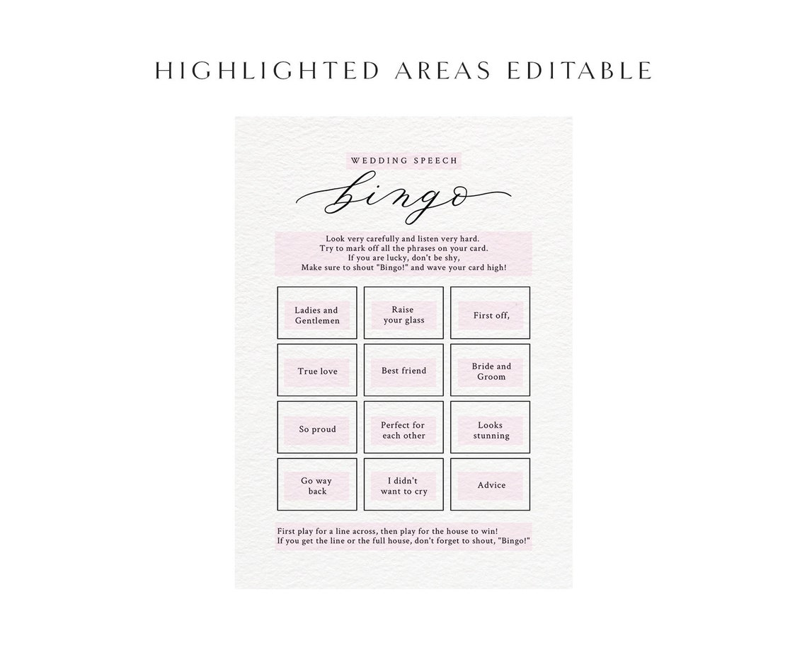 Calligraphy Wedding Speech Bingo Game: DIY Printable (5x7) - Etsy