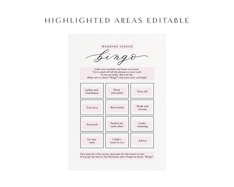 Wedding Speech Bingo Game Calligraphy Wedding Bingo | Etsy