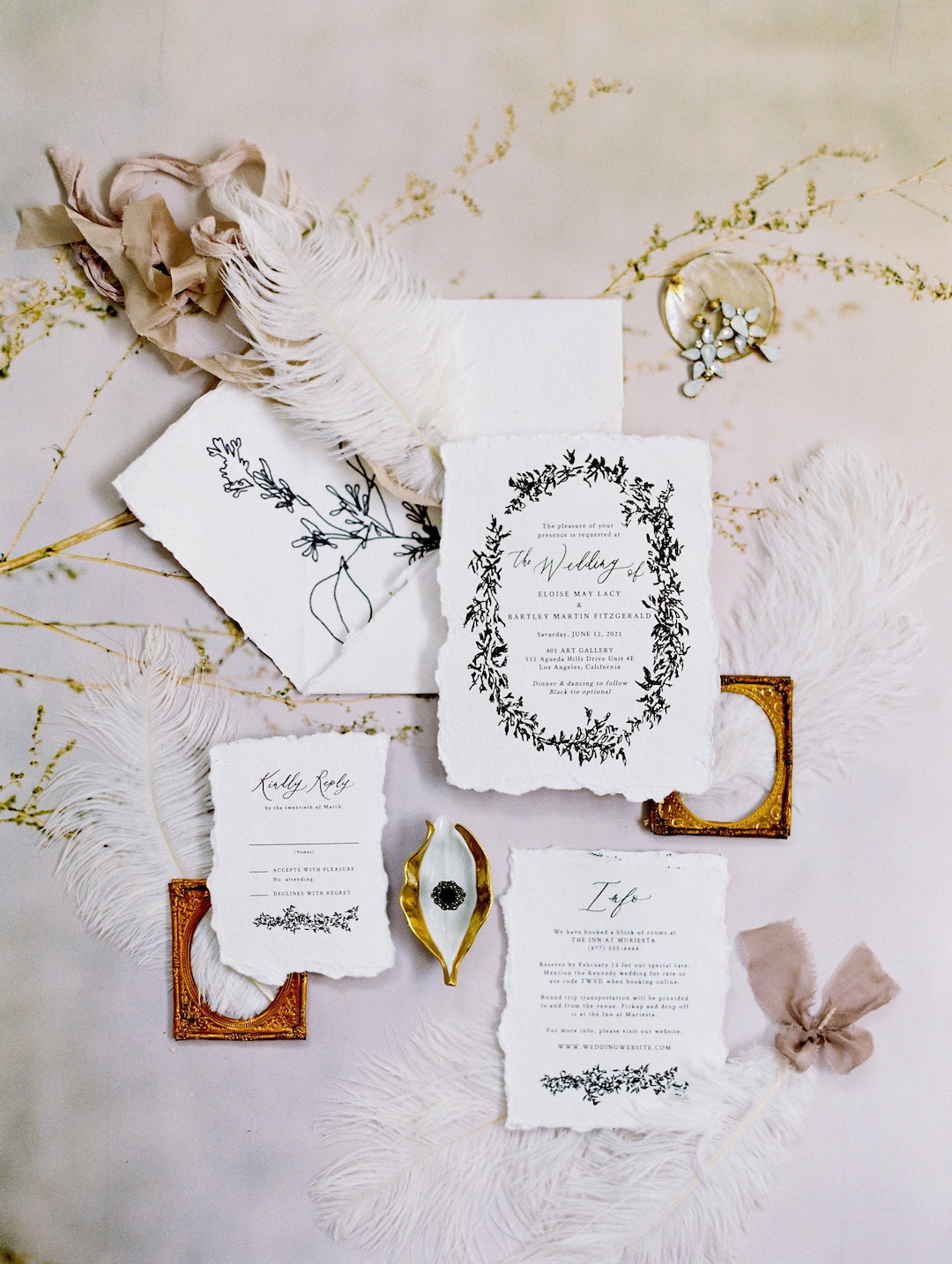 BRYN | Leafy Wreath Wedding Invitation, Fine Art Calligraphy, Printable ...