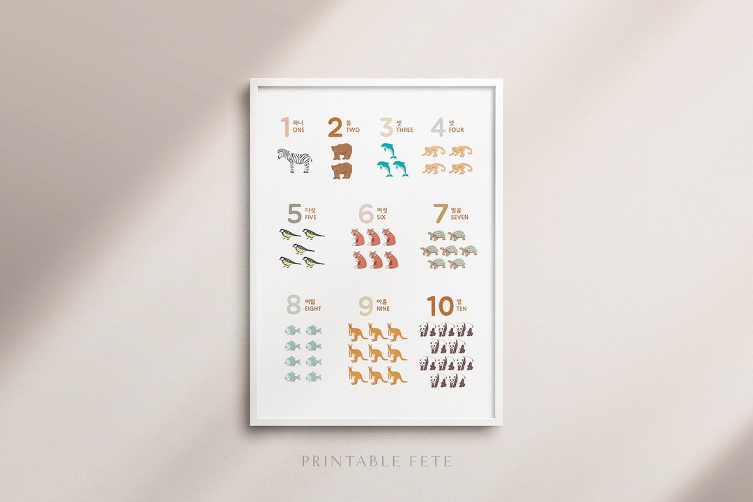 Printable Korean Numbers Poster With Animals, Bilingual Korean Nursery ...