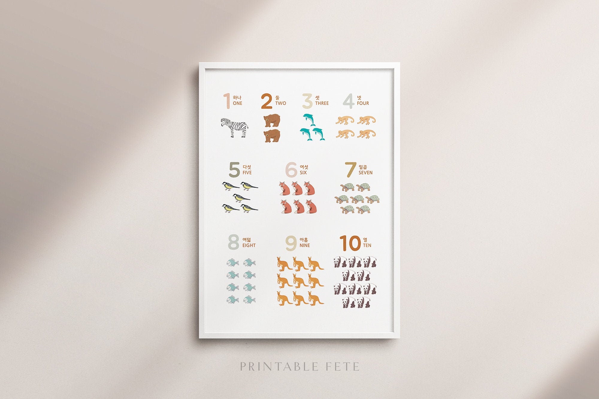 Printable Korean Numbers Poster With Animals, Bilingual Korean Nursery ...