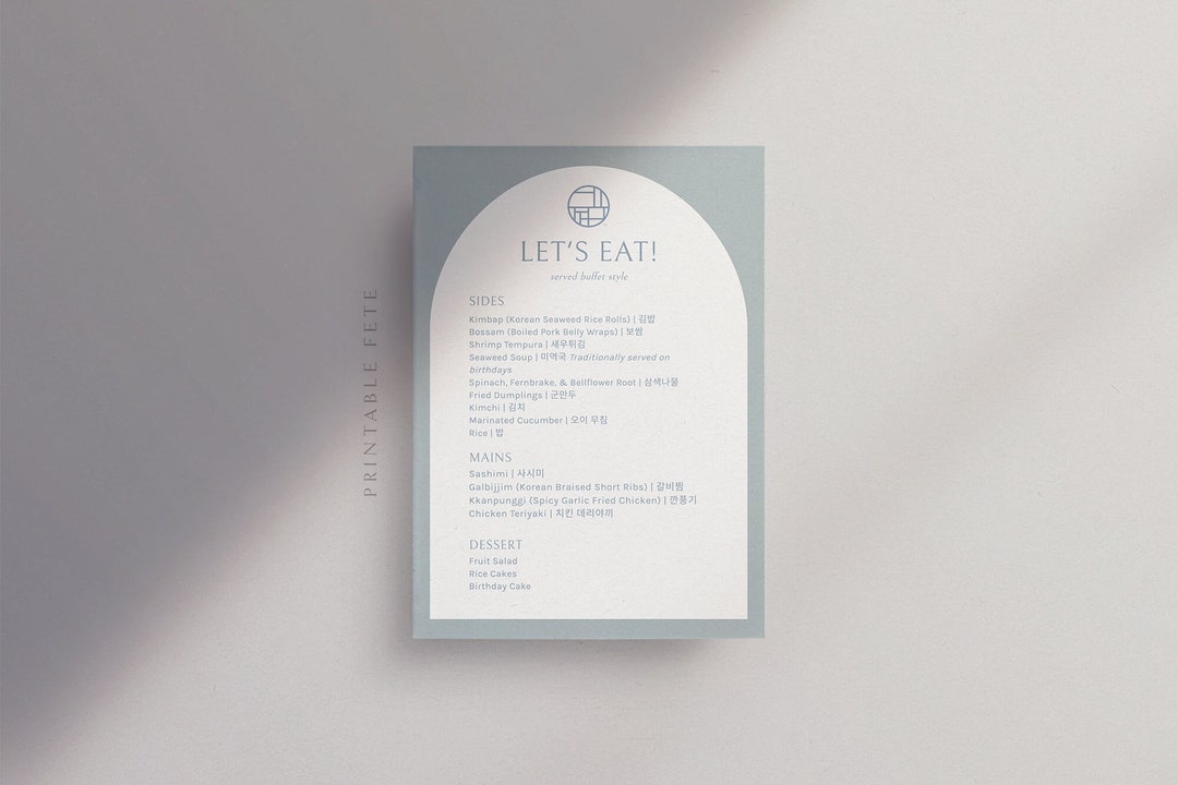 Dohl Menus, 5x7", Arch Food Menu for Doljanchi, Modern Dol, Korean ...