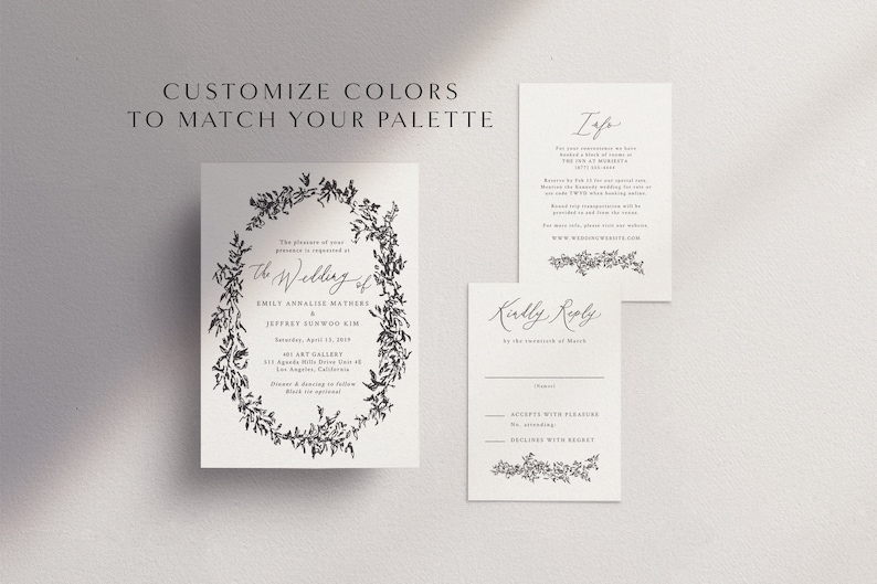 BRYN Leafy Wreath Wedding Invitation Fine Art Calligraphy | Etsy