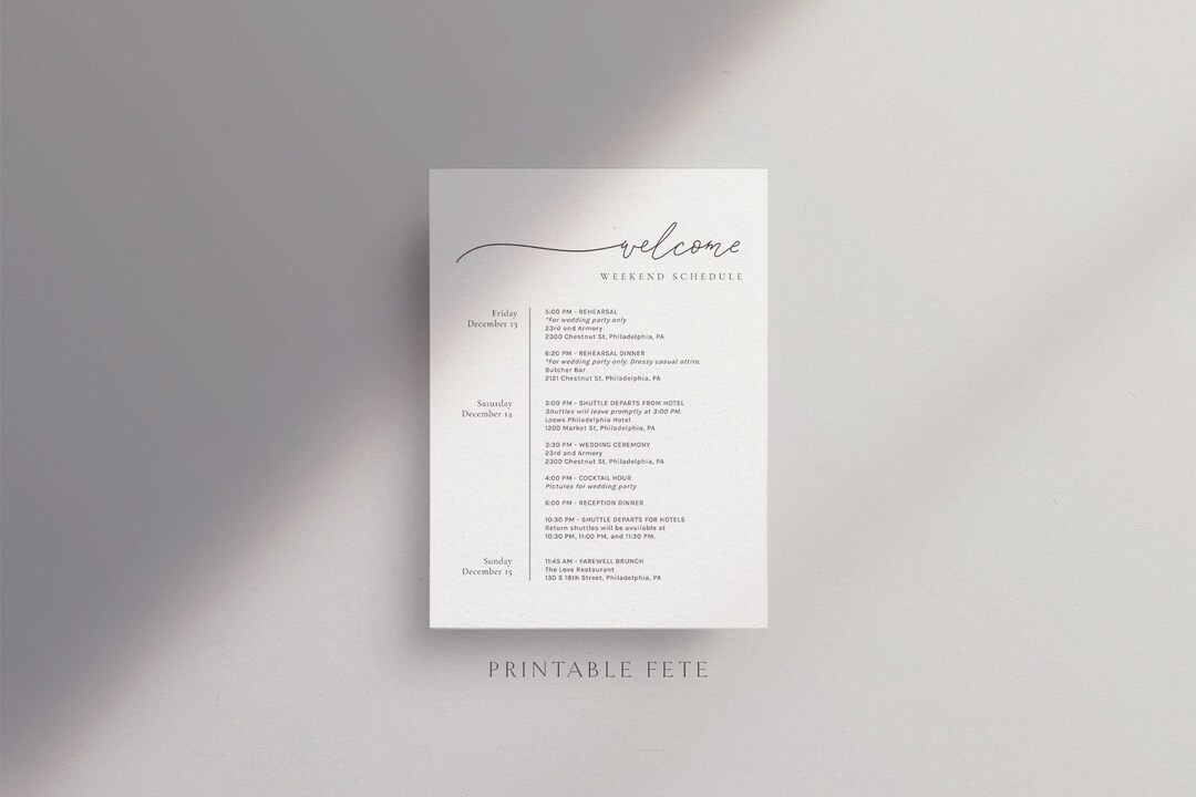 GWEN | Welcome Note, Wedding Timeline, Weekend Schedule, Printable ...