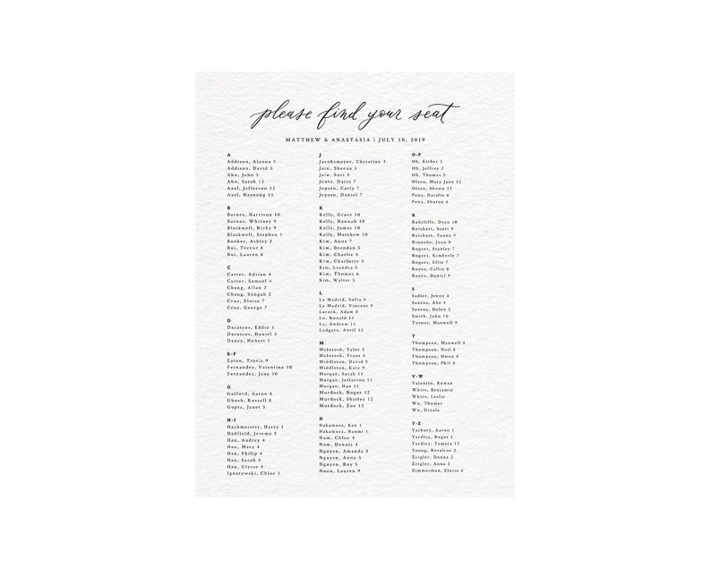 Alphabetical Calligraphy Seating Chart Template: up to 400 Guests ...