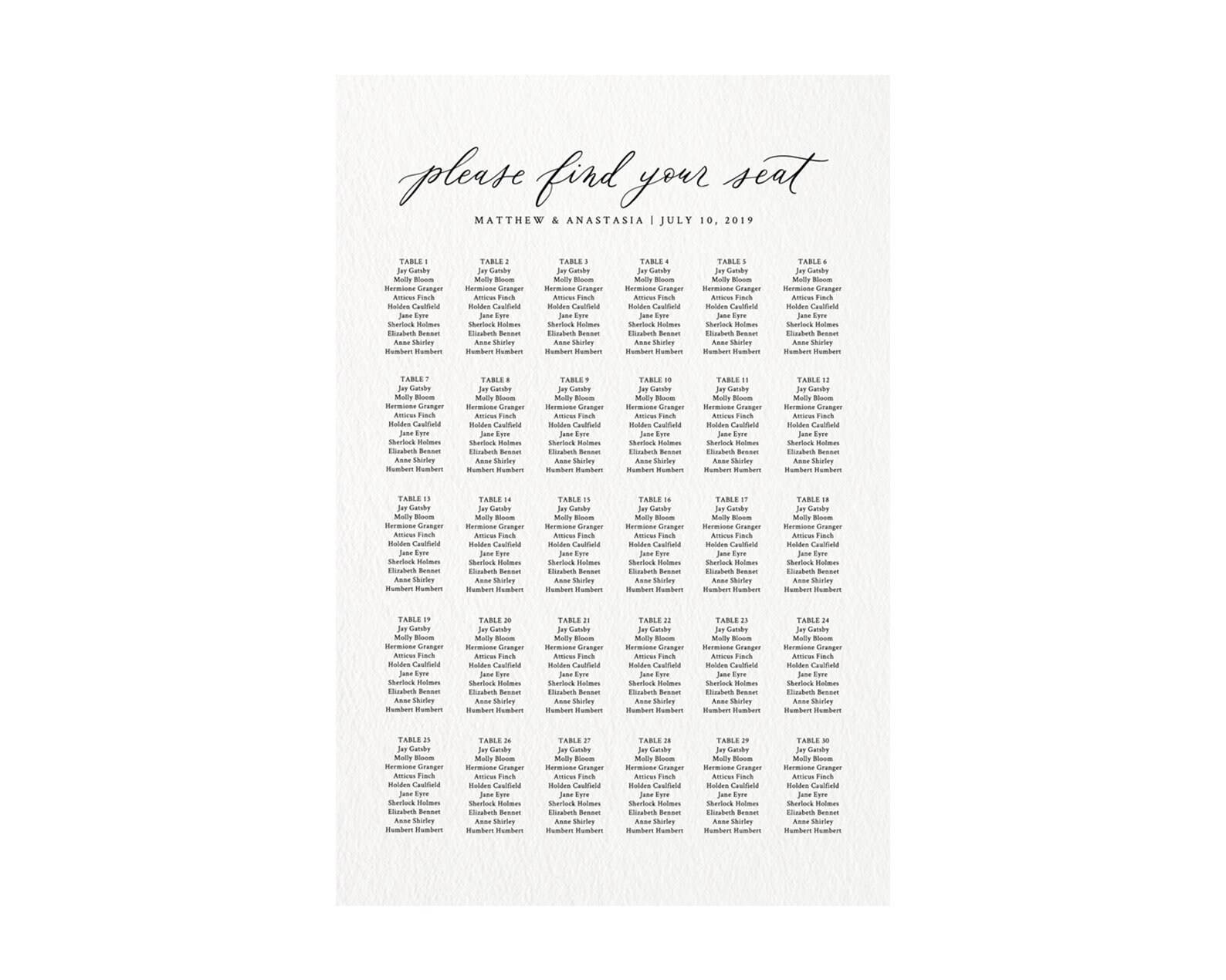 Lowercase Modern Calligraphy Seating Chart Template Table - Etsy