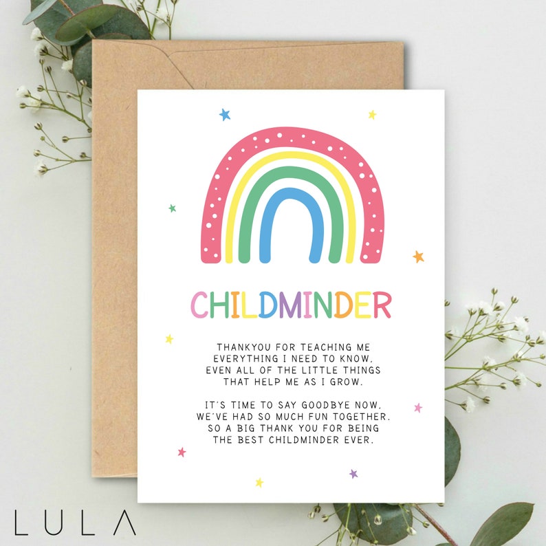 Thankyou Childminder Poem Rainbow A5 Greeting Card & Kraft Envelope End ...