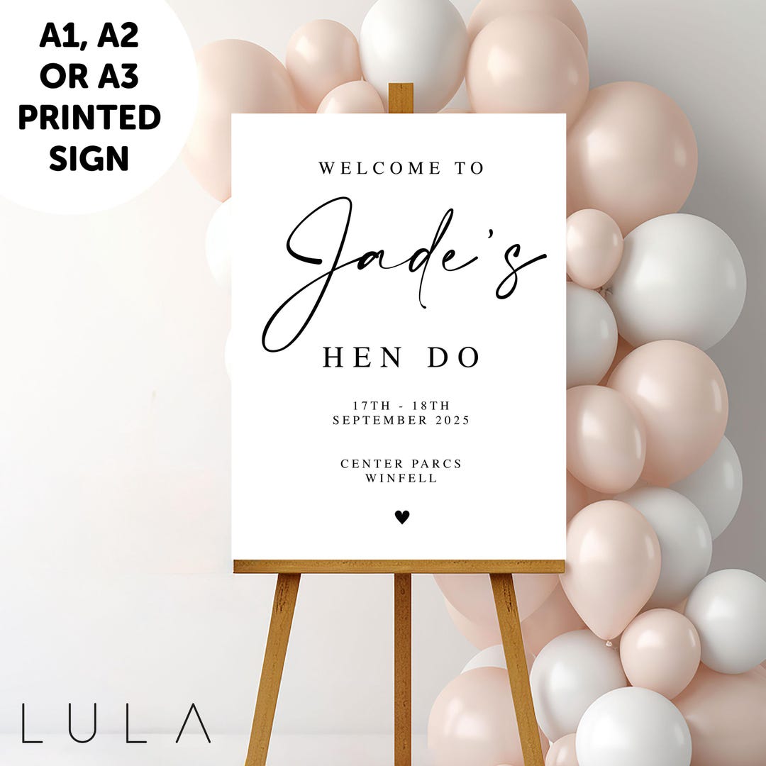 PERSONALISED A1 A2 or A3 Black and White Hen Do PRINTED Welcome Sign or ...