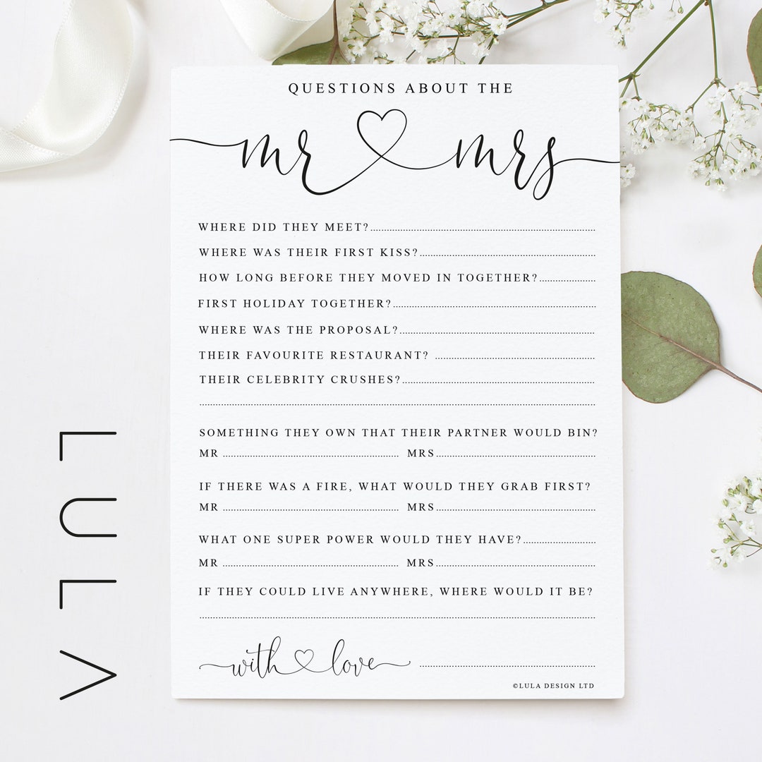 Questions About the Mr & Mrs Printed A5 Cards, Hen Do Bridal Party Game ...