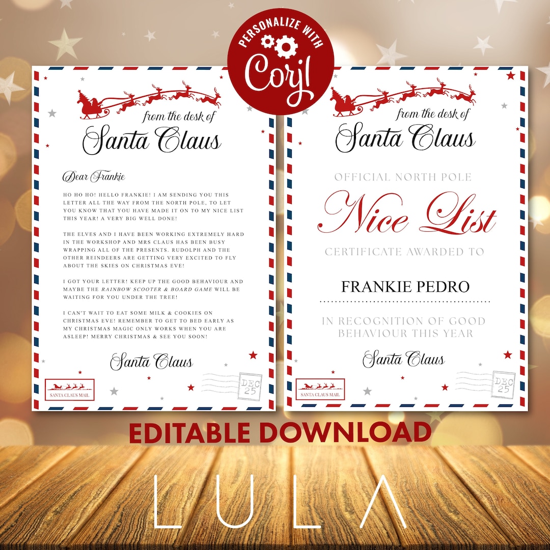 EDITABLE Editable Santa Letter & Nice List Certificate Template Print ...