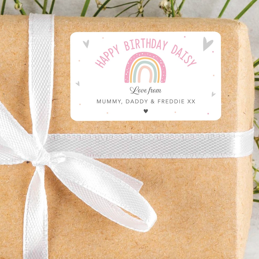 PERSONALISED Rainbow Happy Birthday Gift Tag Stickers From Family ...