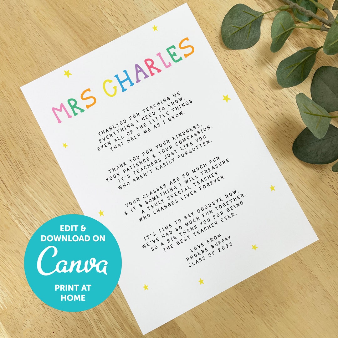 PERSONALISED TEACHER Instant Canva Download School Leavers Gift Gift ...