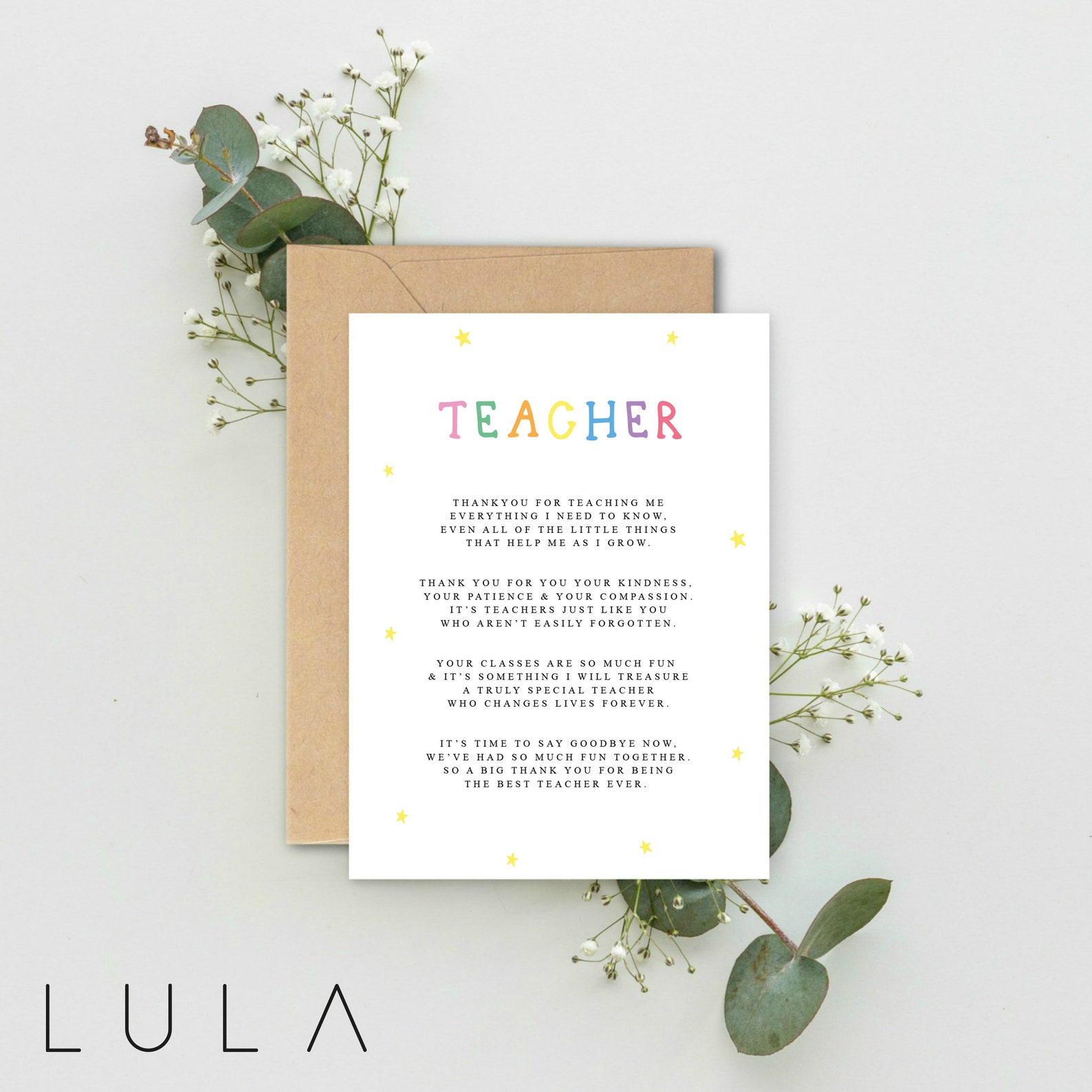 Thankyou for Being My Teacher Poem A5 Card & Kraft Envelope - Etsy UK
