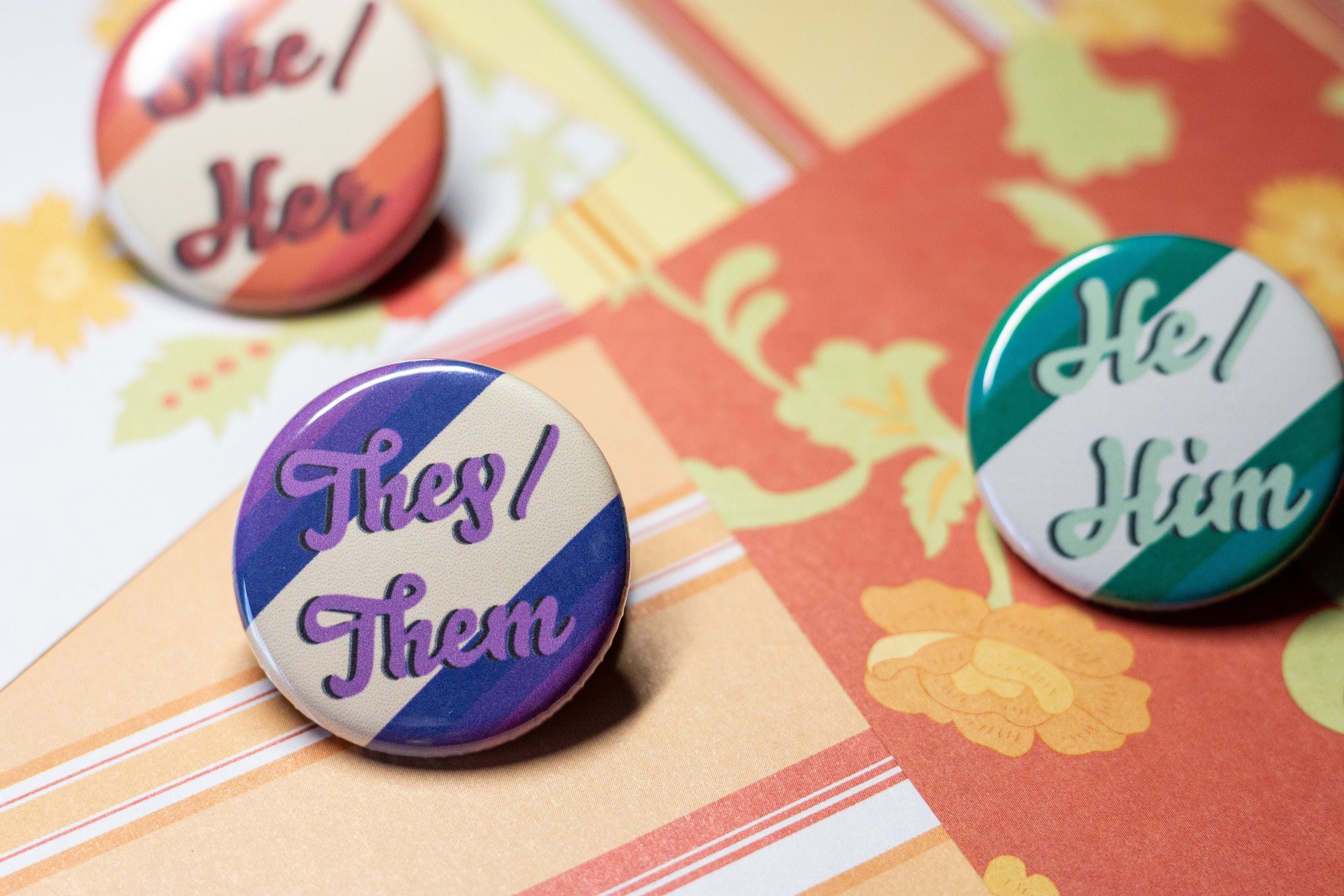 Pronoun Buttons Colorful Retro Trans Nonbinary Pride - Etsy
