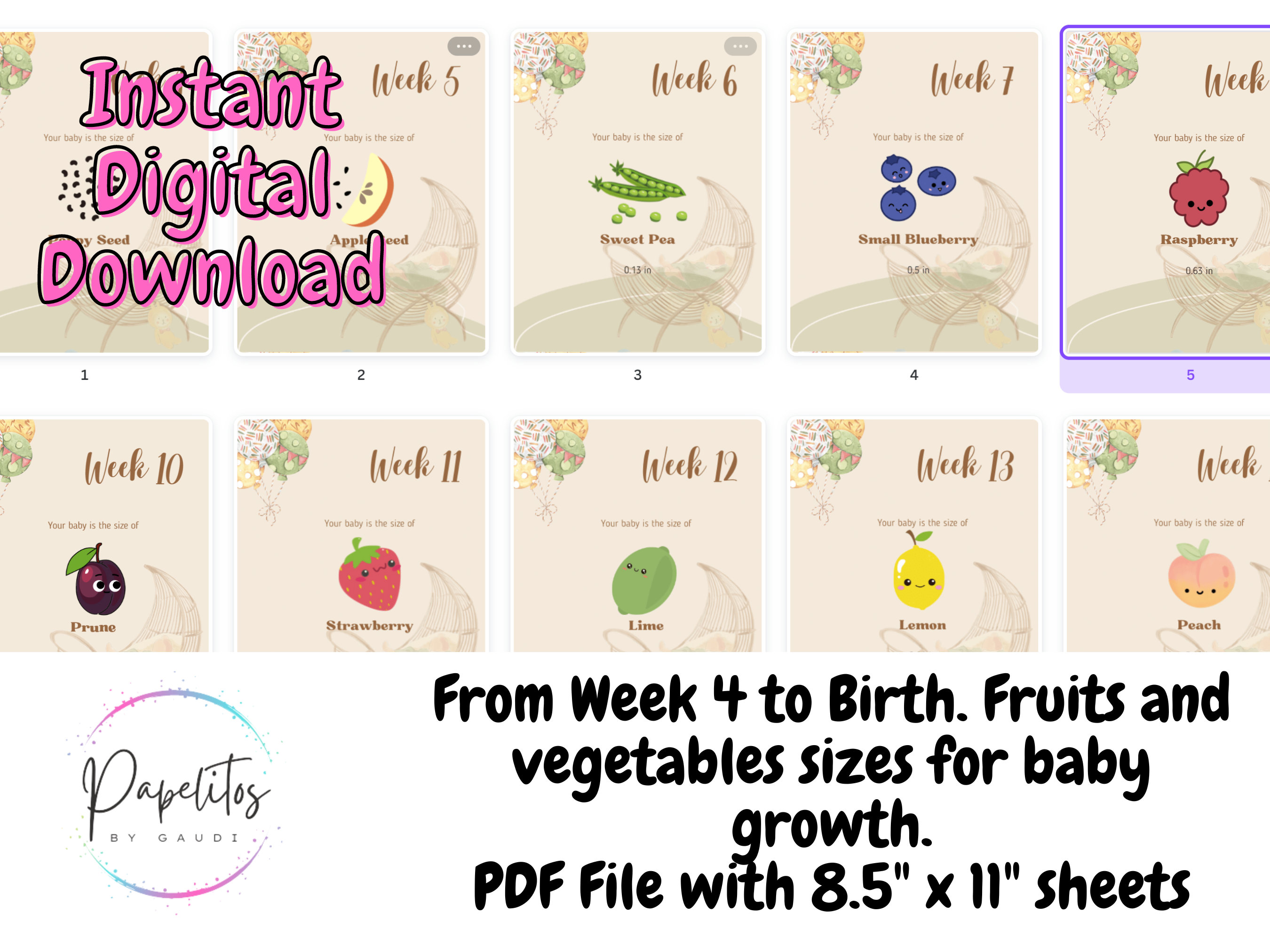 Printable Pregnancy Calendar – Weekly Fruit-size Baby Tracker | PDF 8.5 ...