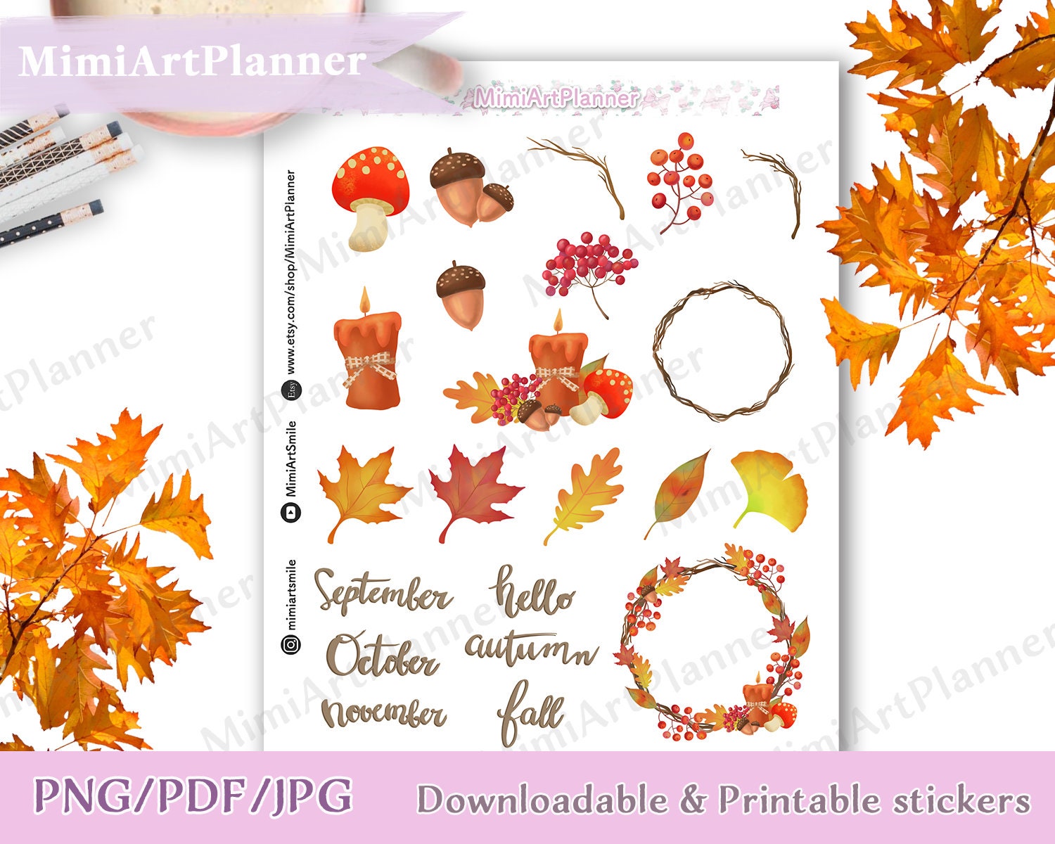 Fall Digital Stickers | Autumn Sticker, Planner Stickers, Leaf ...
