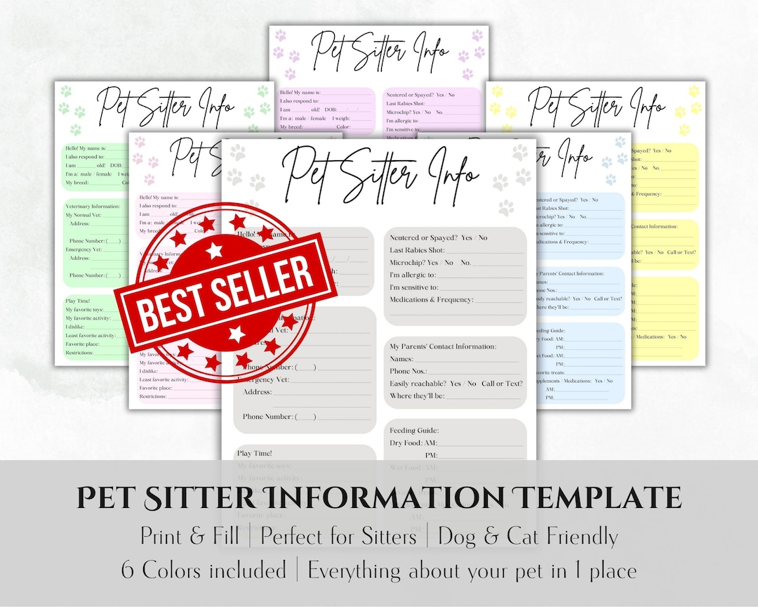 Pet Sitter Information Template Digital Download | Print & Fill | Dog ...