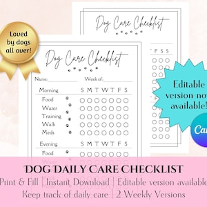 Dog Daily Care Printable Checklist | Print & Fill | Digital Download ...