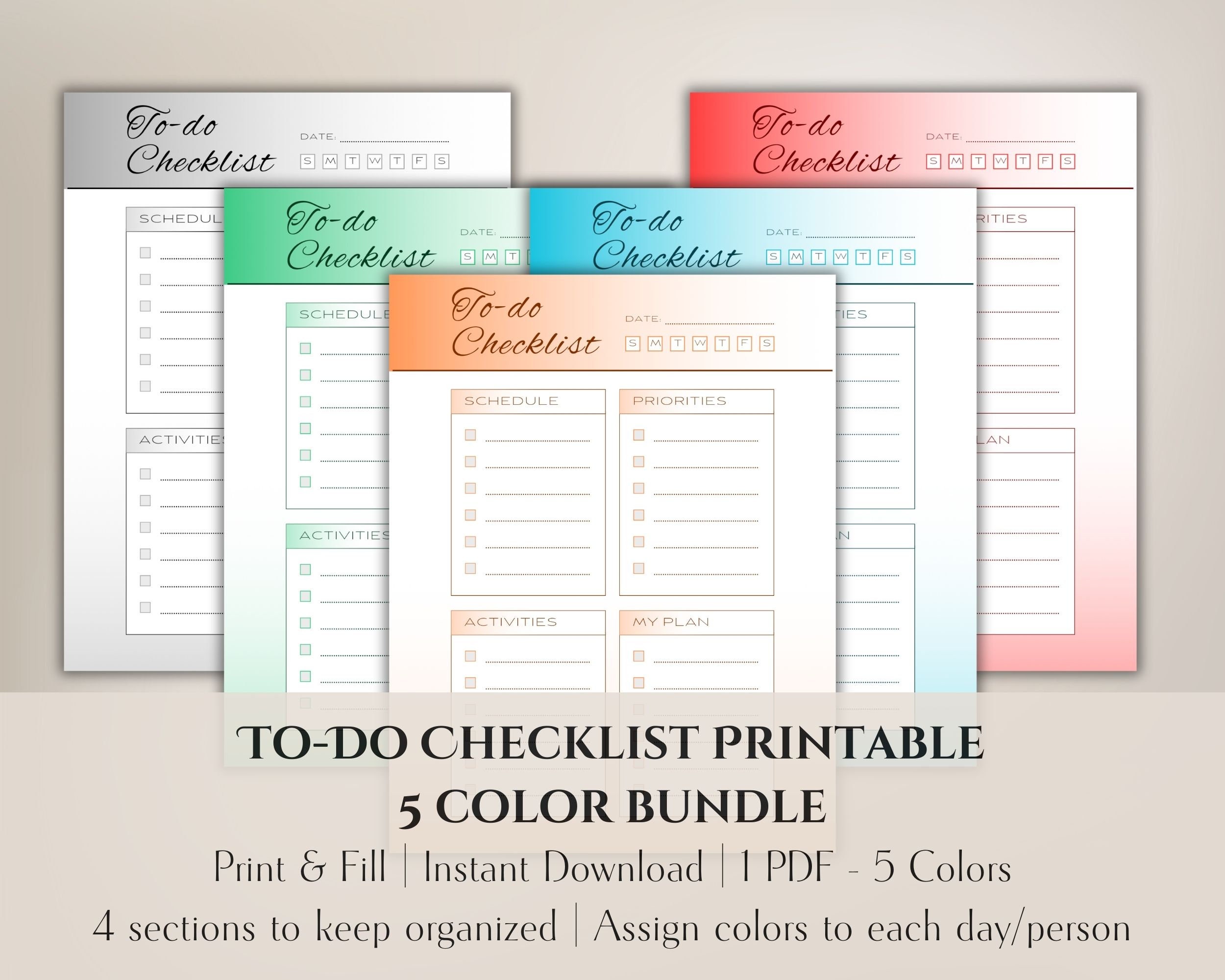 To Do Checklist Printable Color Bundle 2 Print & Fill Digital Download ...
