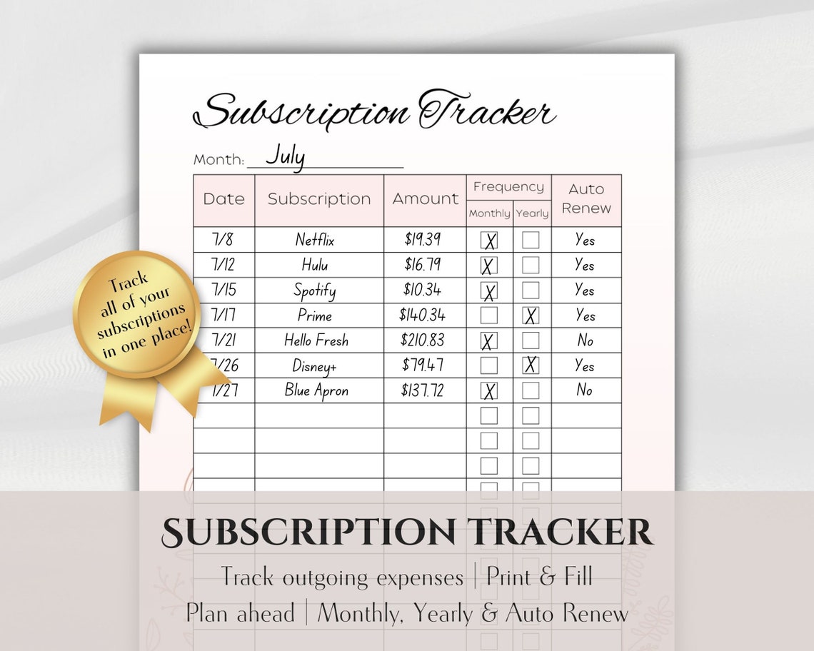 Subscription Tracker Printable | Tracker Digital Download, Subscription ...