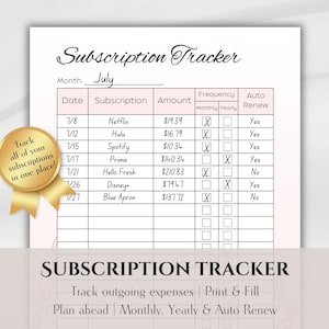 Subscription Tracker Printable | Tracker Digital Download, Subscription ...