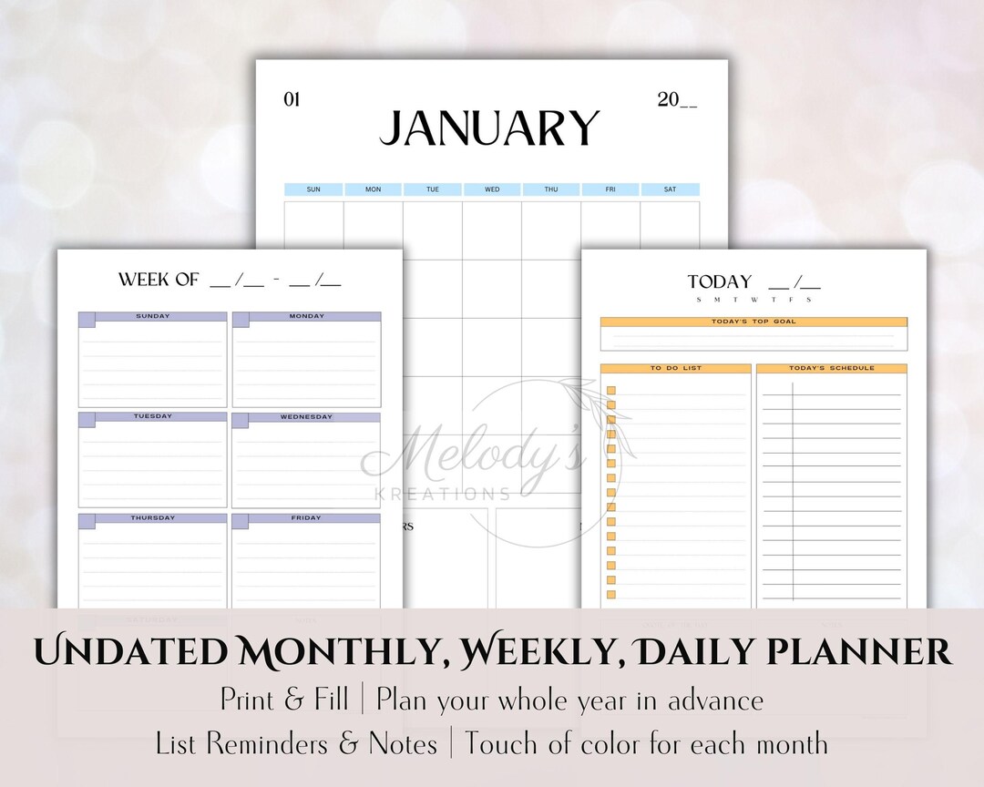 Undated Digital Planner Printable - Monthly, Weekly, and Daily Layouts ...