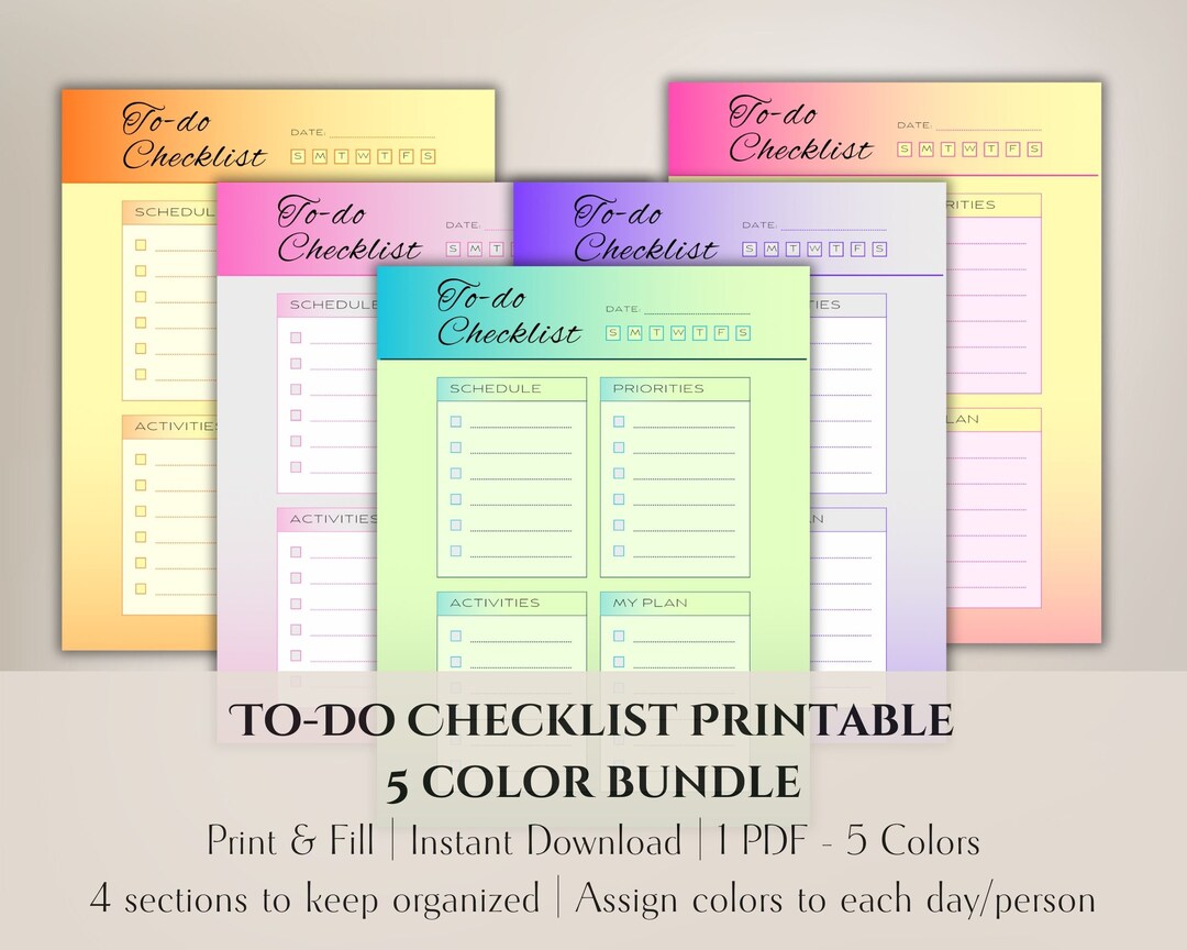 To Do Checklist Printable Color Bundle 3 Print & Fill Digital Download ...